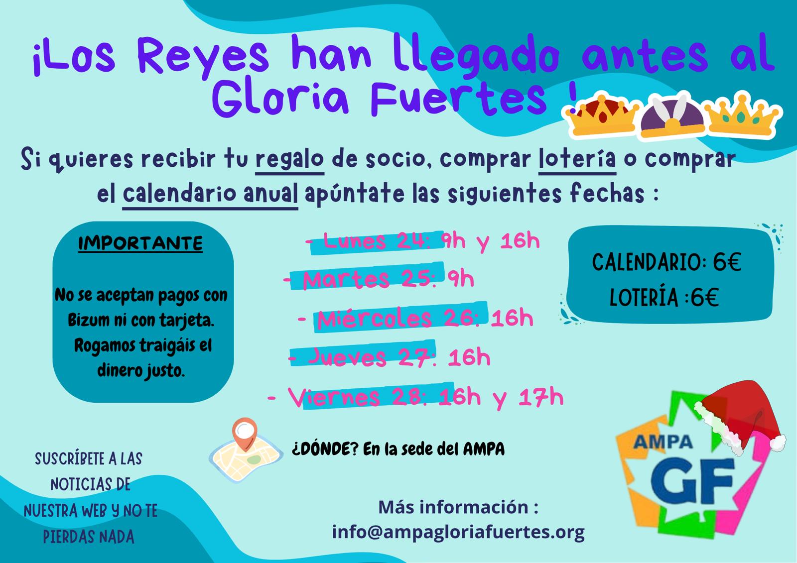 CALENDARIOS , LOTERIA Y REGALOS DE SOCIOS – AMPA CEIP GLORIA FUERTES
